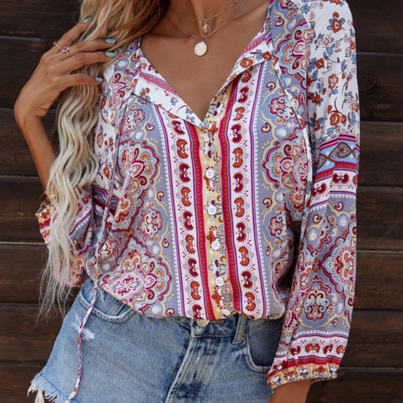BellanBlue | Tops | Boho Pink Floral Paisley Button Up Tie Top ...